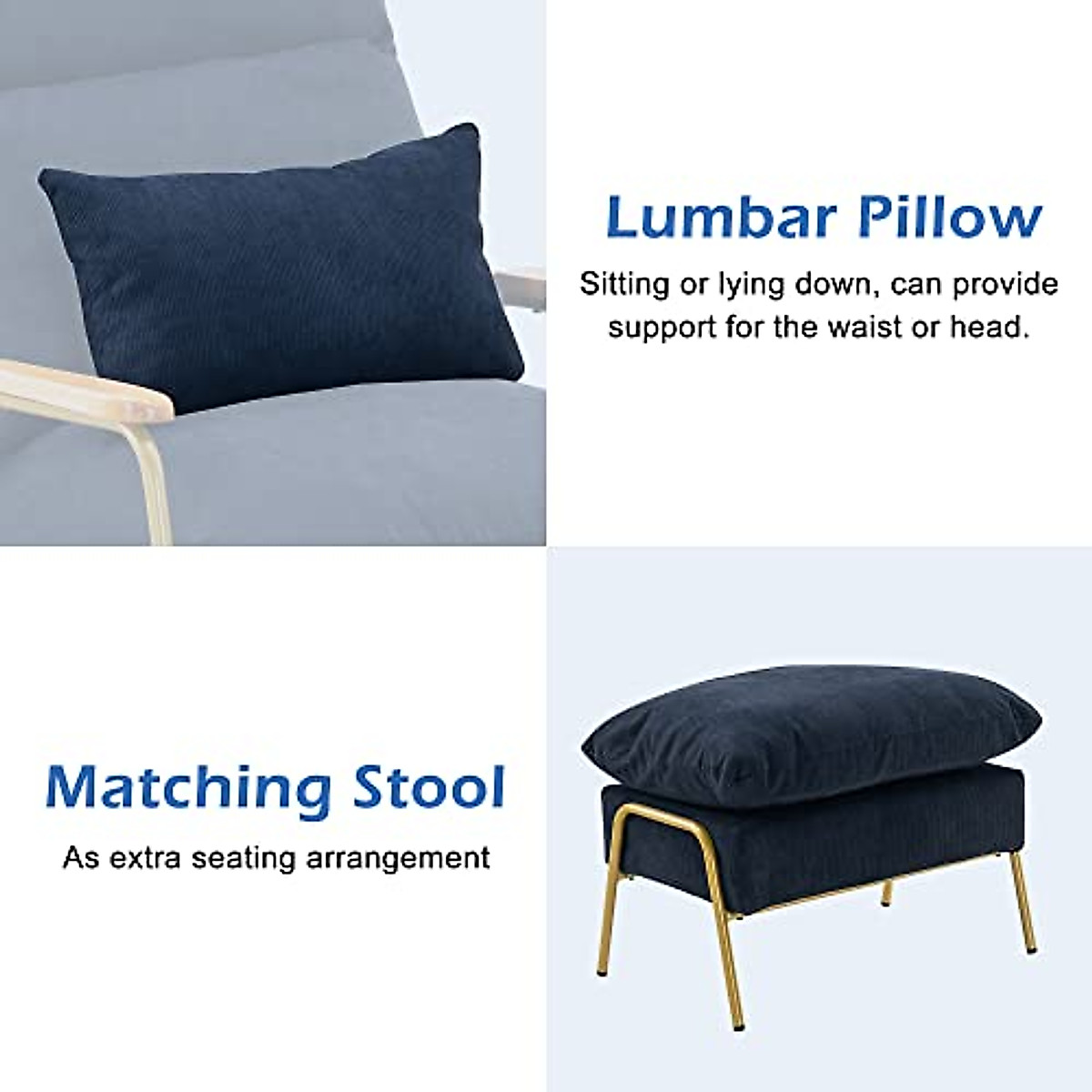 MCombo Accent Recliner Chair with Ottoman, Modern Fabric Armchair, Upholstered Sofa Bed for Living Room Bedroom, Small Space 4055 (Golden Frame, Dark Blue)