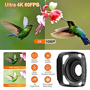 WZX 4K Video Camera Camcorder, Ultra HD WiFi 60FPS 48MP 16X Digital Zoom, Touch Screen Night Vision Vlogging Camera, YouTube Camera with External Microphone, Remote Control, Lens Hood, Stabilizer