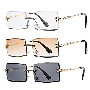 Rectangle Sunglasses for Men/Women Small Rimless Square Shade Eyewear (Tea + White + Black)…
