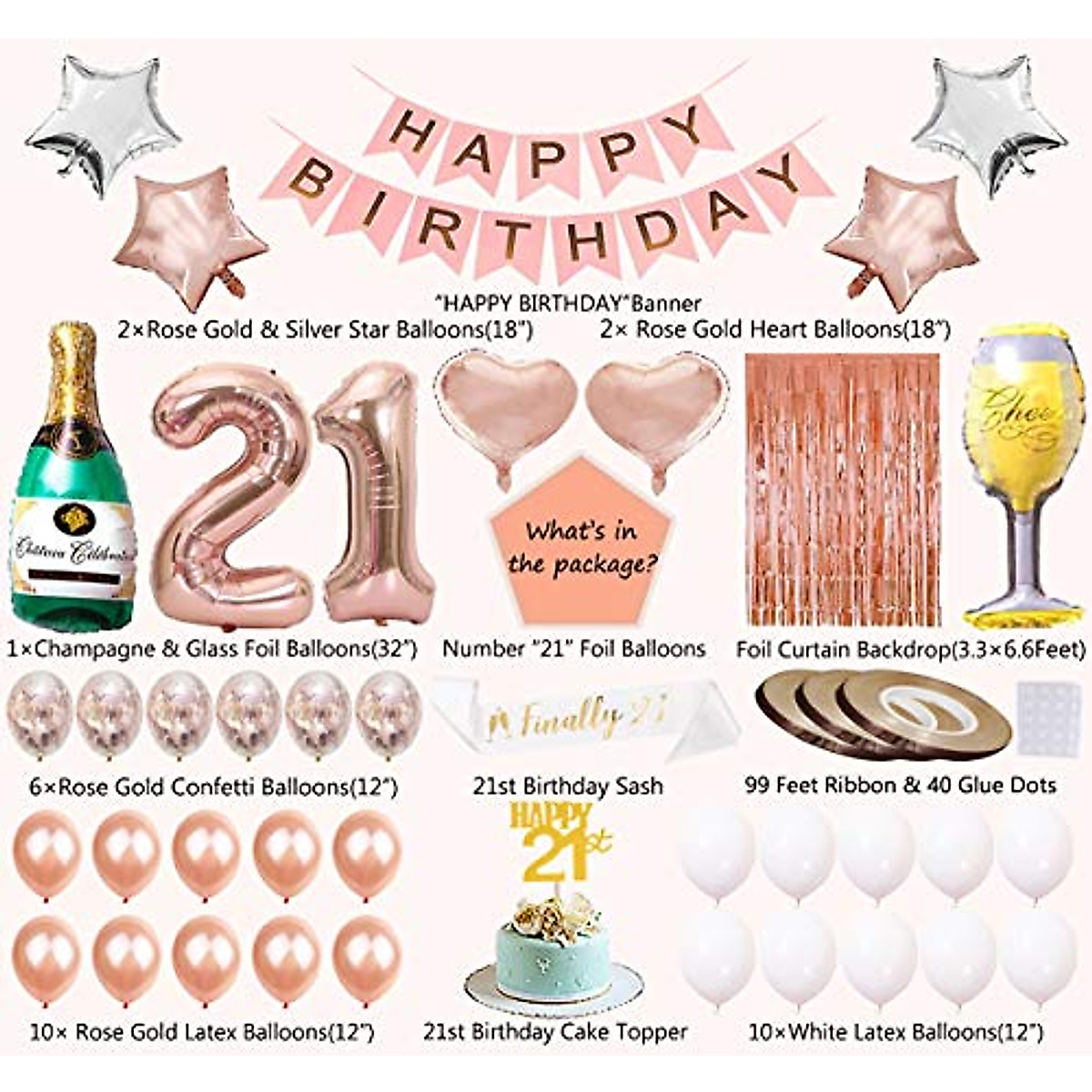 21st Birthday Decorations|21st Birthday Decorations for her|21st Birthday Decorations Rose Gold with Photo Booth Backdrop, Happy Birthday Banner, Confetti and Mylar Balloons