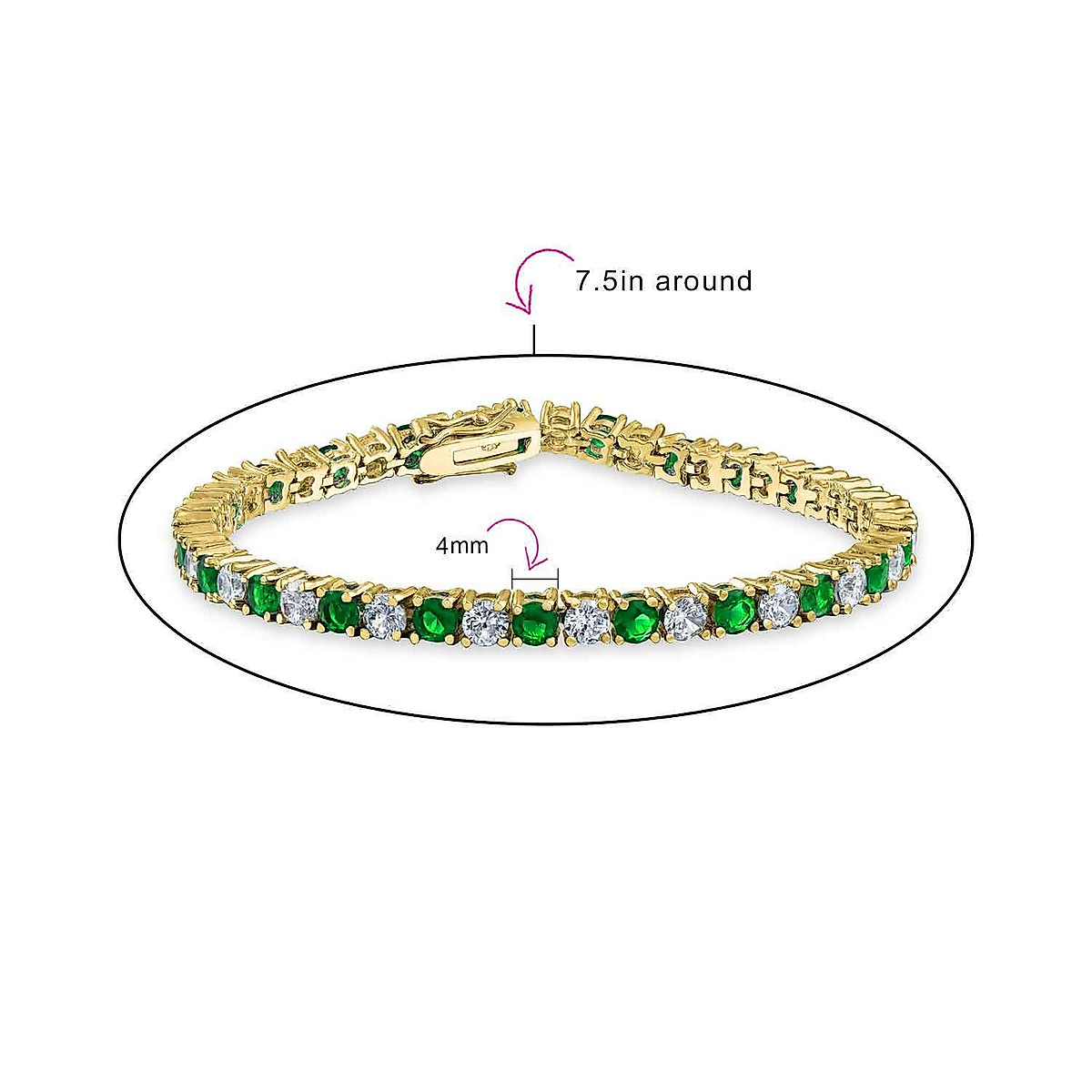 Bling Jewelry Green White Alternating Simulated Emerald Round Cubic Zirconia 12.00 CT 4 Prong Basket Set Solitaire AAA CZ Tennis Bracelet For Women Prom Bride 14K Gold Plated 7.5 Inch