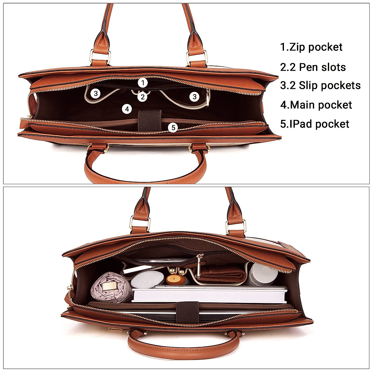 Telena Leather Briefcase for Women, 15.6 Inch Laptop Tote Bag Business Work Briefcase, Large Capacity Handbag Bag, Brown and Beige