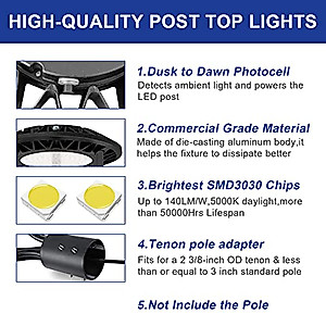 LED Post Top Light with Photocell Dusk to Dawn, 20W-30W-40W-60W Power Tunable,3CCT 3000K-4000K-5000K LED Circular Street Area Pole Light, for Courtyard Garden Street Lighting IP65 DLC&ETL Listed