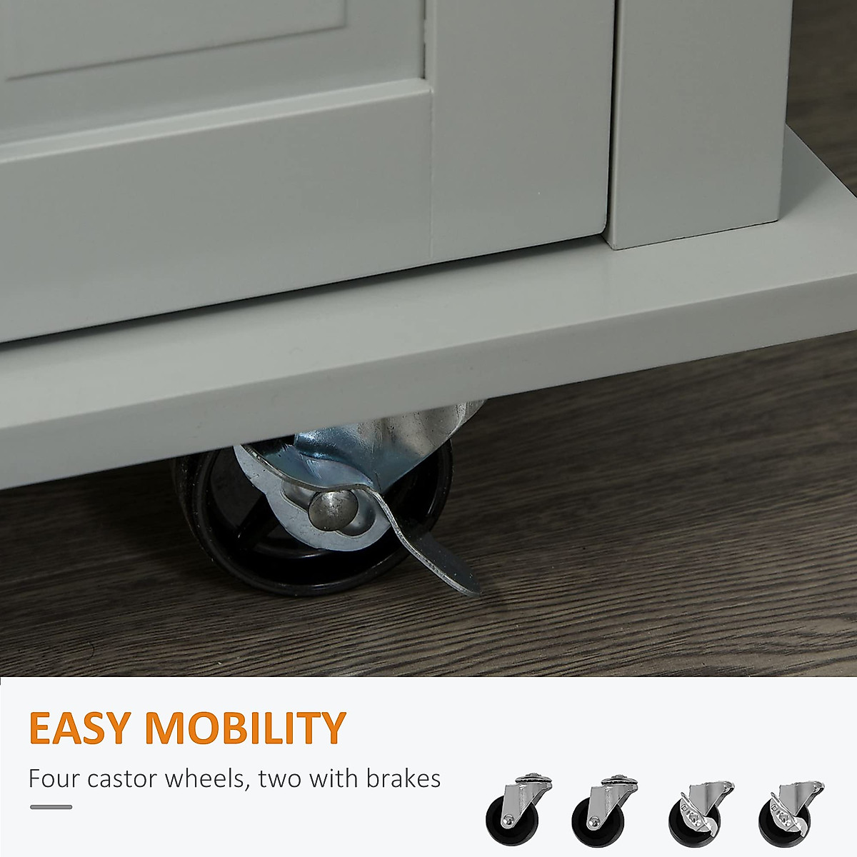 HOMCOM Kitchen Island on Wheels, Rolling Cart with Rubberwood Top, Spice Rack, Towel Rack and Drawers for Dining Room, Grey