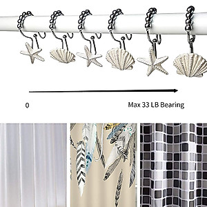 Starfish & Seashell Stainless Steel Rust Resistant Double Hooks Glide Shower Curtain Ring Hangs Holder for Bathroom Home Decor
