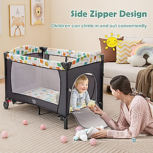 BABY JOY 5-in-1 Pack and Play, Baby Bedside Sleeper with Bassinet, Multifunction Bedside Crib from Newborn to Toddlers, U-Shaped Diaper Changer, Playard, Safety Strap, Music Box & Hanging Toys