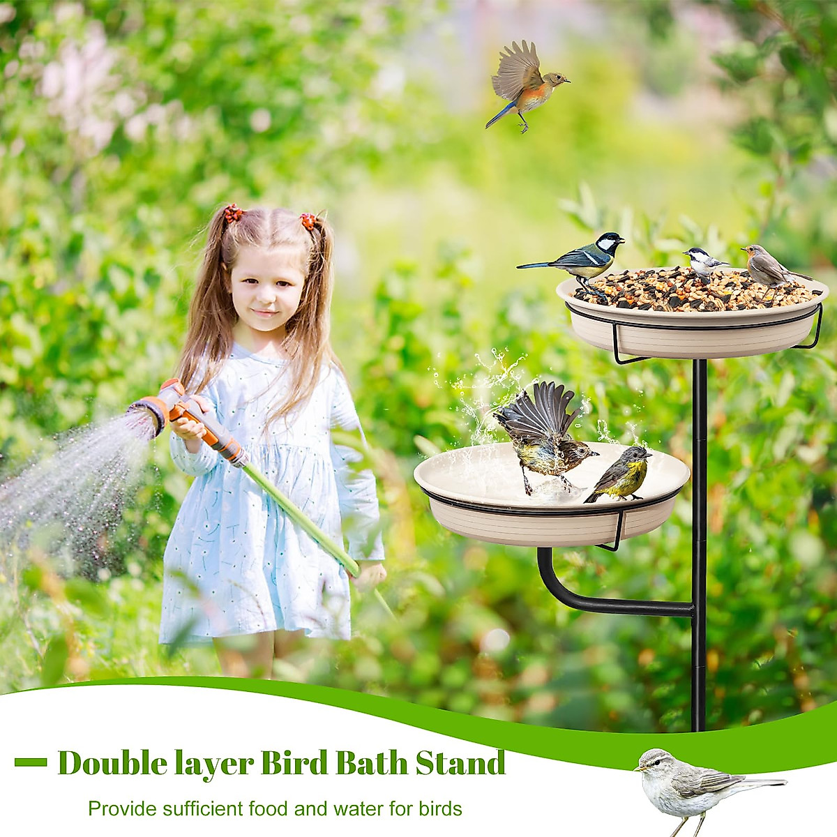 YALINKA Freestanding Birdbaths Bowl Outdoor, Free Standing Garden Bird Bath Bird Feeder & Bird Bath Bowl, Detachable Decoration Spa Birdfeeder for Garden Patio Yard Lawn, 4 Spiky Metal Stake (White)