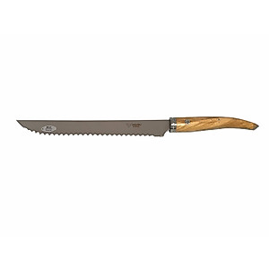 Laguiole en Aubrac Cuisine Gourmet Stainless Fully Forged Steel Made In France Bread Serrated Knife With Olivewood Handle, 9-in / 25cm