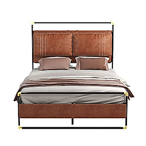 SAMTRA Queen Size Platform Bed Frame Upholstered Faux Leather Bed with Wooden Slat Support, No Box Spring Needed, Sturdy and Noise-Free, Brown