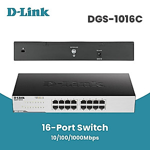D-Link Ethernet Switch, 16 Port Gigabit Unmanaged Network Internet Hub Desktop Rackmount, Plug N Play (DGS-1016C)