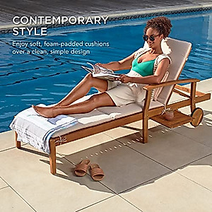 Best Choice Products 79x26in Acacia Wood Chaise Lounge Chair Recliner, Outdoor Furniture for Patio, Poolside w/Slide-Out Side Table, Foam-Padded Cushion, Adjustable Backrest, Wheels - Cream