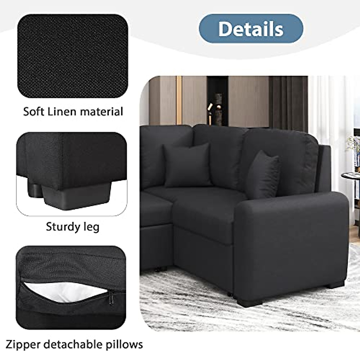 3 in 1 Convertible Sectional Sofa with Pull Out Bed , 87.4" L Shaped Corner Couch with USB Charging Ports & Plug Outlet , Breathable Linen Fabric Conversion Sofabed for Living Room Office Furniture