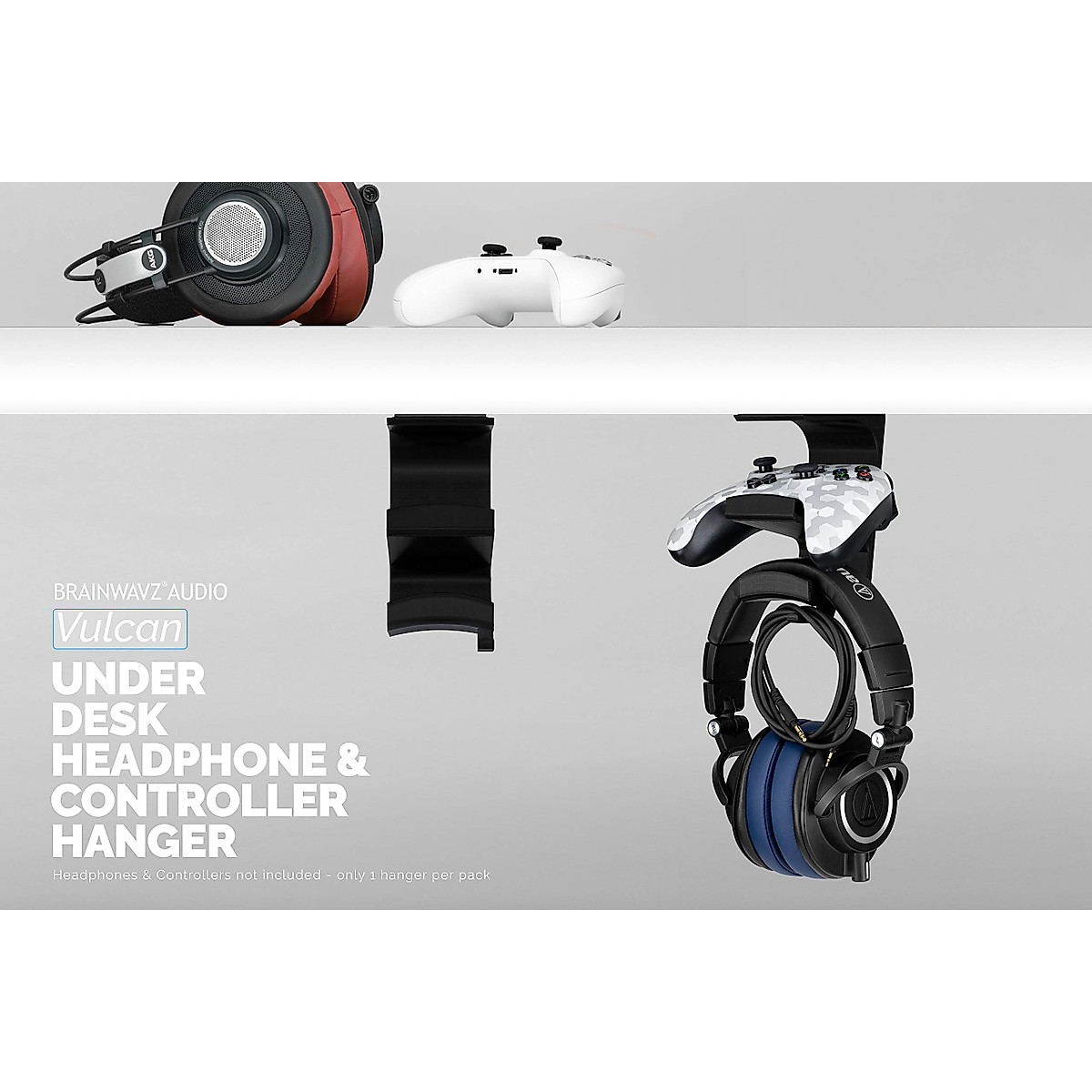 BRAINWAVZ The VULCAN - Under Desk Gamepad Controller & Headphone Hanger Holder Stand - Designed for XBOX ONE, PS4, PS3, PS5, Dualshock, Switch, PC, Steelseries, Steam & More