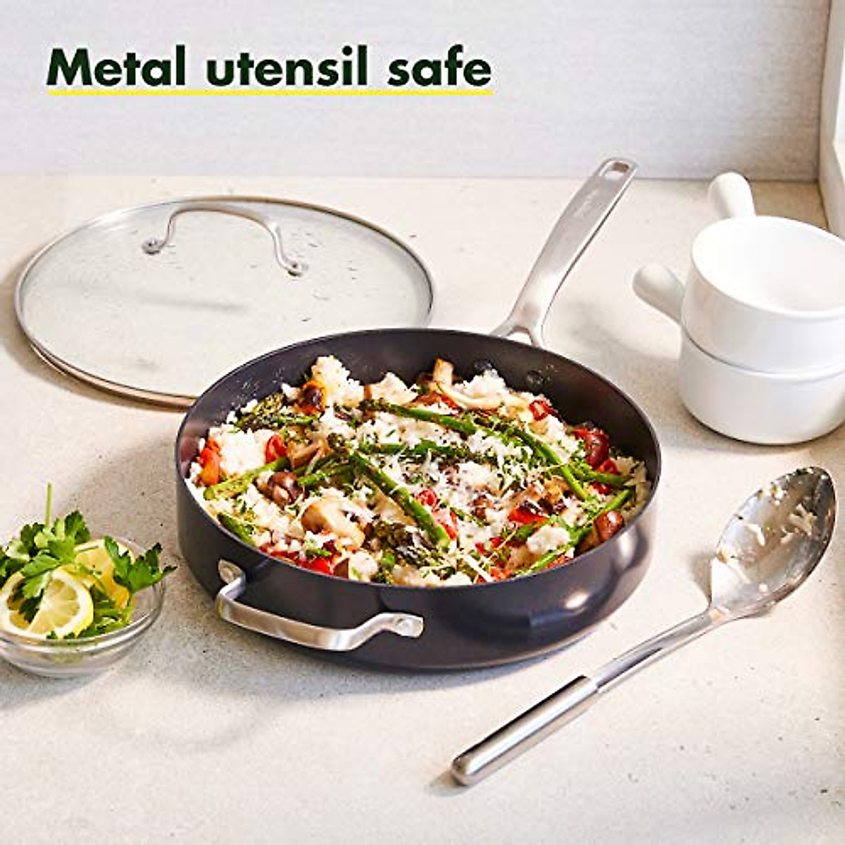 GreenPan SearSmart Hard Anodized Healthy Ceramic Nonstick, 5QT Saute Pan Jumbo Cooker with Helper Handle and Lid, PFAS-Free, Textured Surface, Dishwasher Safe, Black