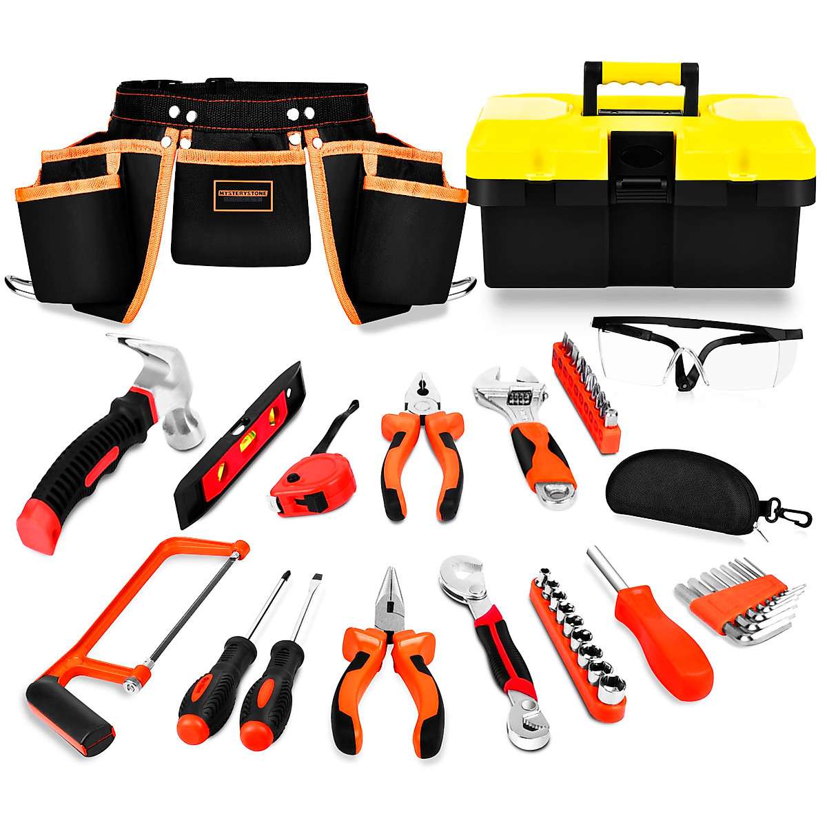 45 Pieces Kids Real Tool Set Construction Tool Set for Kids with Tool Belt,Hand Tools,Safety gogles,Solid Tool Box-Kids Learning Tool Kit for Home DIY and Woodworking, Great Gift Tool kit