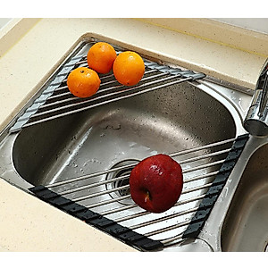 ALIMART Roll Up Dish Drying Rack and Triangle for Sink,over the Sink , Kitchen Corner Drainer Mat, Foldable Stainless Steel (Triangle) Silver