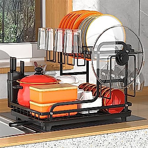 Stofiro Dish Drying Rack with Drainboard, 2 Tier Dish Racks for Kitchen Counter, Multifunctional Dish Drainer, Large Dish Drying Rack with Drying Mat, Kitchen Drying Rack with Wine Glass Holder, Black