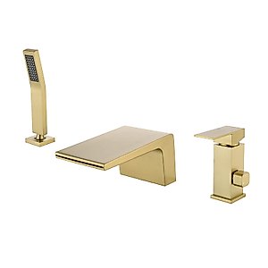 Waterfall Roman Tub Faucet with Hand Shower Deck Mount Bathtub Faucet with Hand Shower Widespread Bathtub Faucets Set Bathtub Shower Faucet Set Brushed Gold - 1725BG