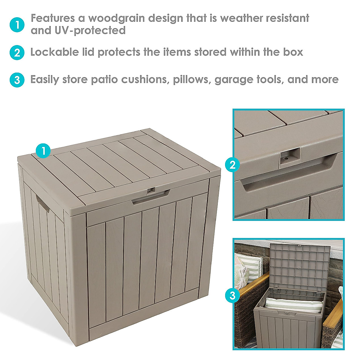 Sunnydaze 32-Gallon Faux Wood Design Outdoor Deck Box - Lockable Lid and Side Handles - Driftwood