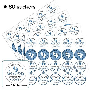 80 Pieces Cute Blue Feet Thank You Stickers, Baby Shower Birthday Party Decorate Boy Footprint Party Gift Wrap Bag Label Decorations, 4 Design Stickers