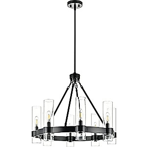 Linea di Liara Teramo Matte Black Chandelier Dining Room Light Fixture Small Wagon Wheel Chandelier Round Industrial Modern Farmhouse Chandeliers for Dining Room Foyer, Clear Glass, UL Listed