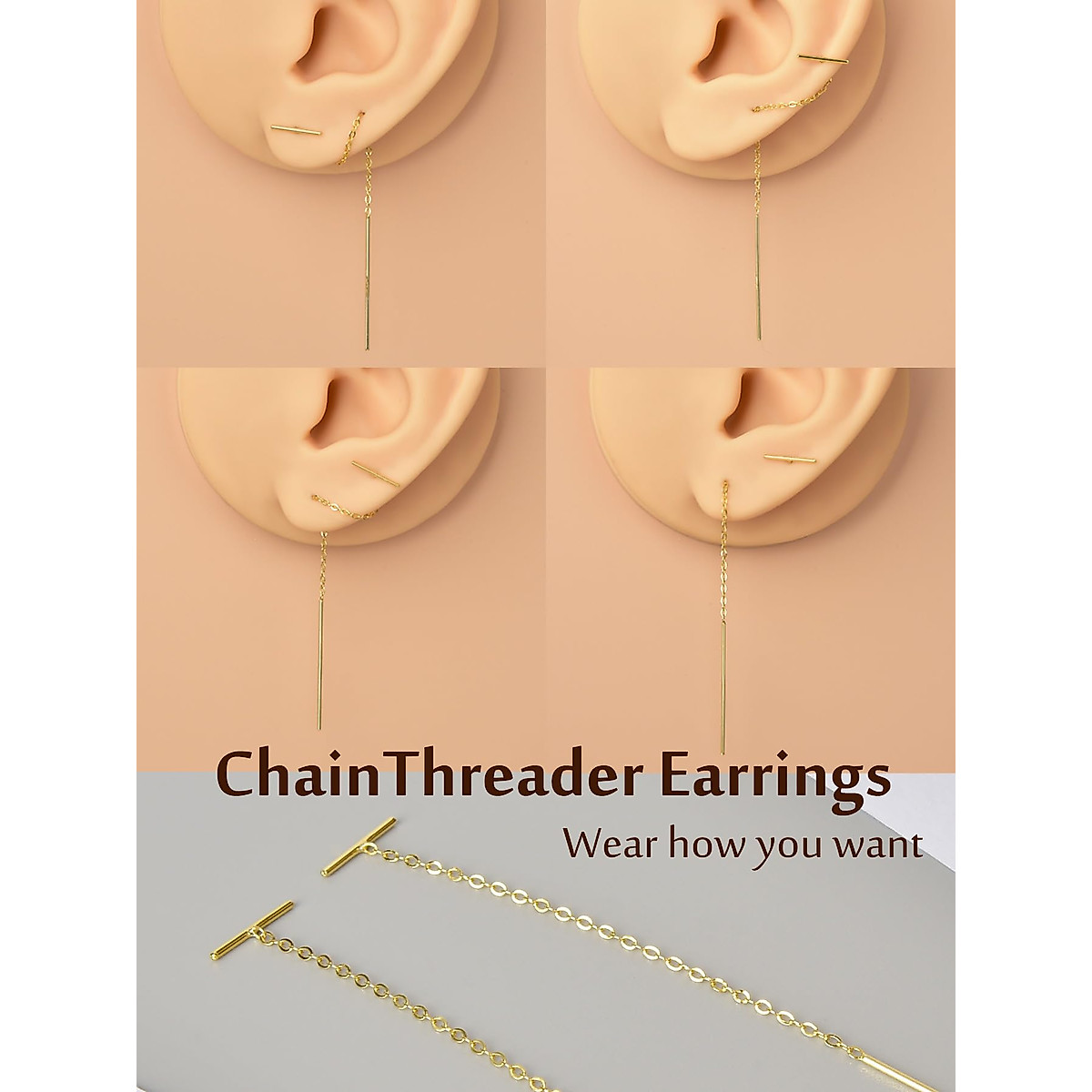 Gold Bar Threader Earrings Silver Simple Long Chain Dangling Drop Minimalist Tassel Double Piercings Pull Through Earrings