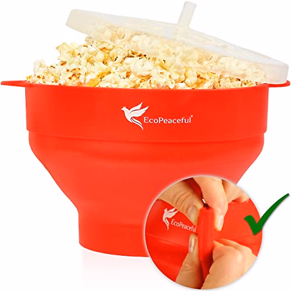 EcoPeaceful Silicone Microwave Popcorn Popper Collapsible Bowl - 100% Pure Silicone - LFGB Food Grade - No Fillers, BPA-free, Vegan, Reusable, Plastic-free, Eco-Friendly