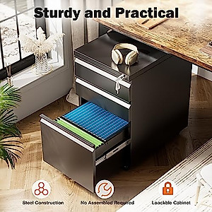 Sweetcrispy File Cabinet - 3 Drawer File Cabinet with Lock, Mobile Rolling File Cabinet, Under Desk File Cabinet with Pre-Assembled, Metal Small File Cabinet for Home Office
