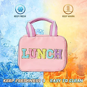 Janhavi Cute Insulated Lunch Bag for Women Personalized Preppy Kids Lunch Box for Girls Reusable Nylon Cooler Bag Lunch Tote Bag with Chenille Letter for School Beach Picnic Travel -LUNCH