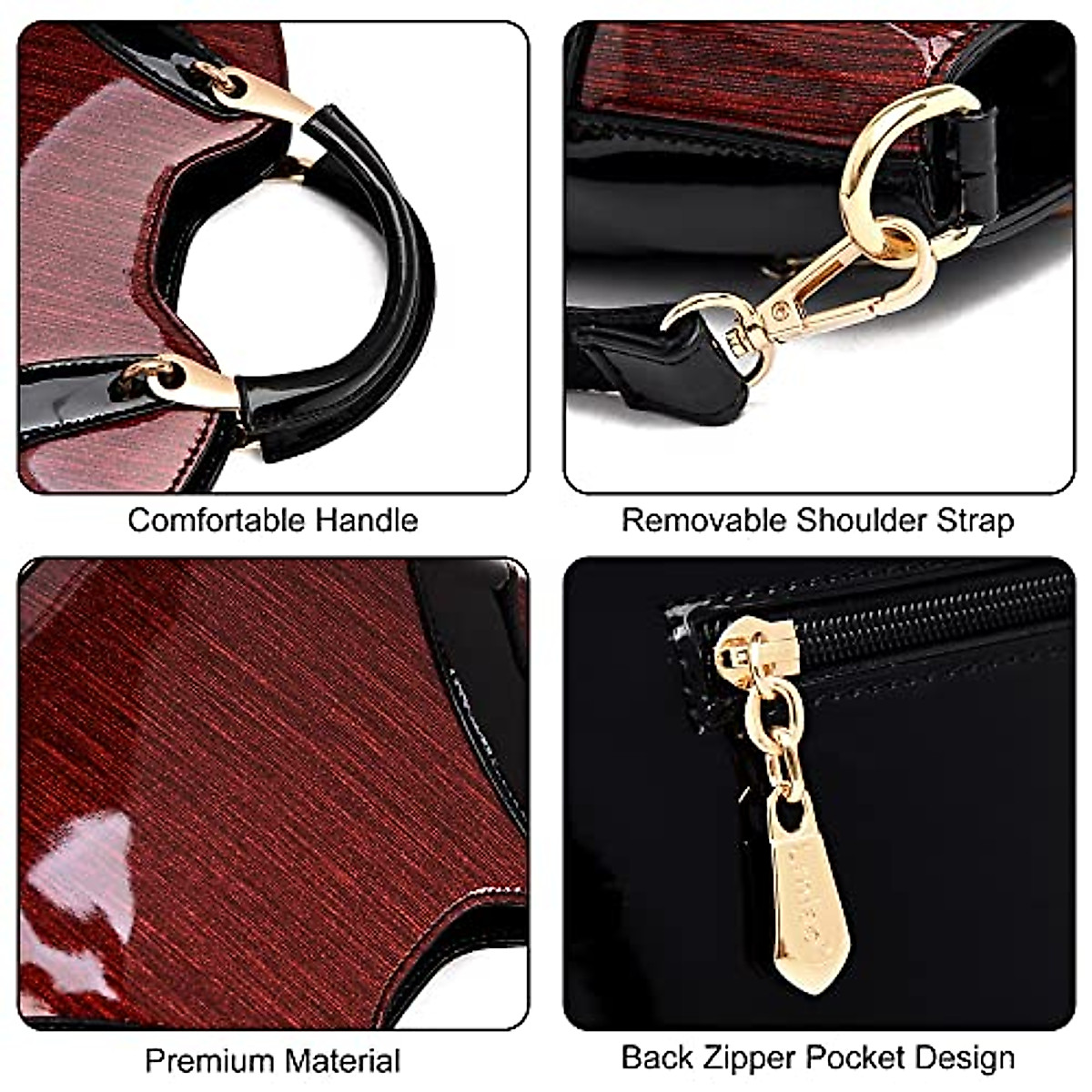 Womens Fashion Handbags Patent Leather Elegant Tote Crossbody Shoulder Bag Top Handle Bags (Red)