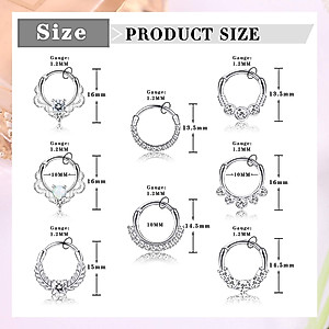 LOYALLOOK 8PCS 16G Septum Clicker Ring Stainless Steel CZ Opal Cartilage Helix Tragus Hoop Daith Earrings Nose Hinged Segment Ring Piercing Jewelry 10MM
