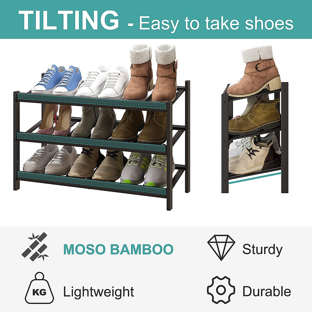 viewcare Shoe Rack for Entryway, 3-Tier Bamboo Wood Shoe Rack for Closet, Tilting | Foldable | Natural, Shoe Organizer for Hallway Closet, Free Standing Shoe Racks for Indoor & Outdoor