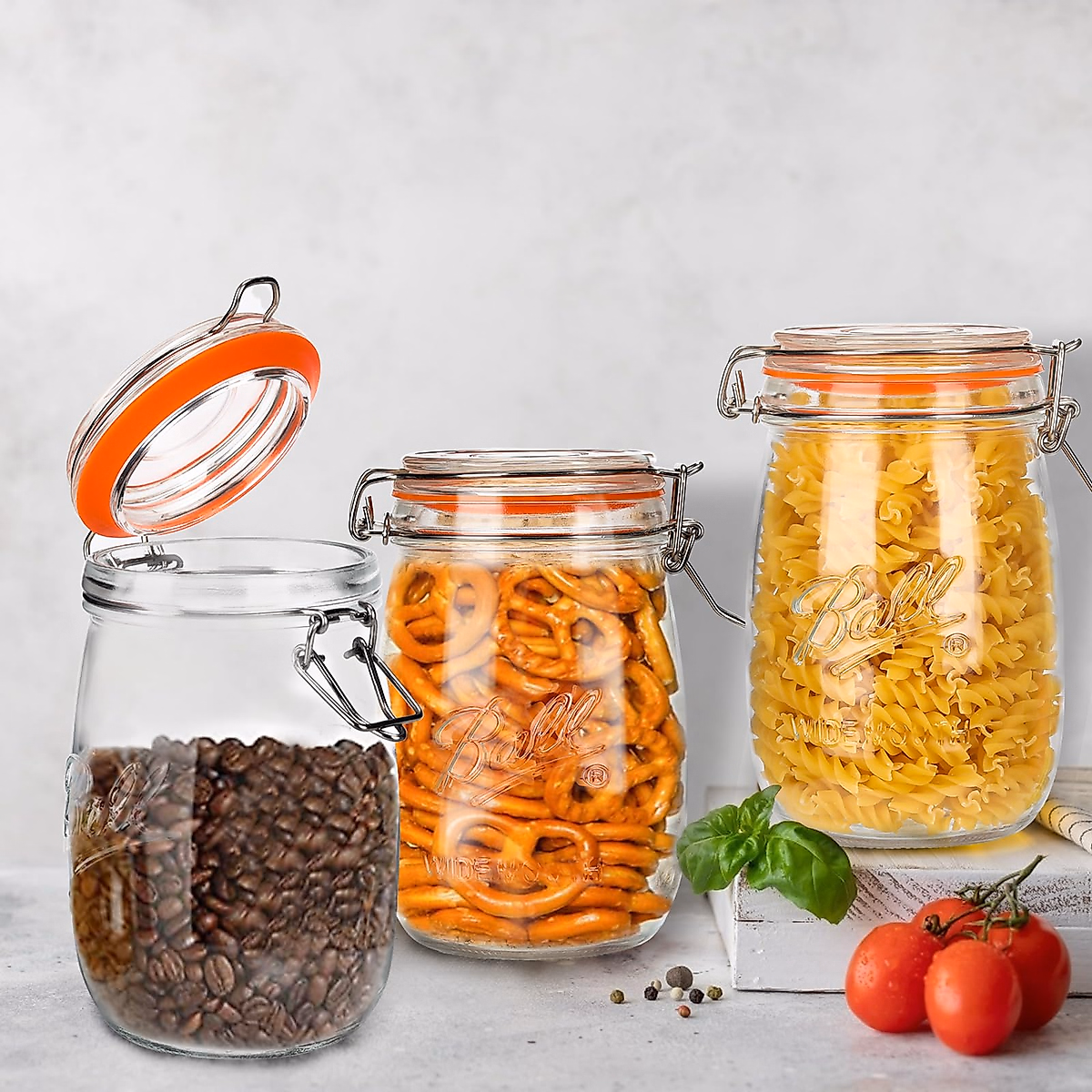 Anwoi Wide Mouth Mason Jars with Airtight Lid 6 Pack 32oz, Kitchen Canning Jar Storage Large Clear Canister Jars with Hinged Lid with Measurement Marks Glass Mason Jars For Canning,Coffee,Sugar,Beans