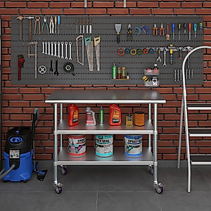 AmGood Stainless Steel Work Table with 2 Shelves and Casters | Metal Utility Table On Wheels (Stainless Steel Work Table with 2 Shelves + Casters, 48" Long x 24" Deep)