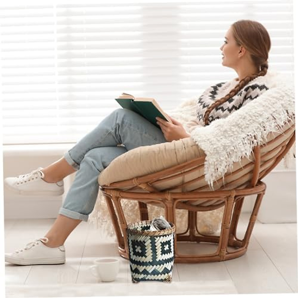 Paper Bins, Wicker Trash Can 7.9x8.3 inch Round Wicker Waste Basket Vintage Natural Bamboo Wicker Bathroom Trash Can for Bedroom Office Plant