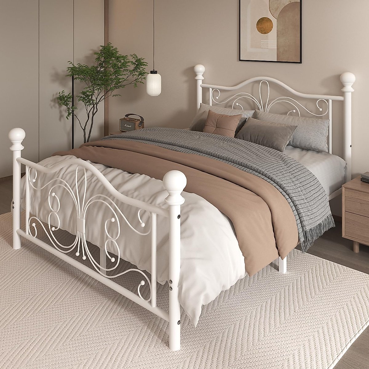 LoVinson Full Size Bed Frame，Metal Platform Bed Frame with Headboard, Butterfly Pattern Design Headboard & Footboard, Strong Metal Slat Support, Easy Assemble, No Box Spring Needed, Noise Free, White