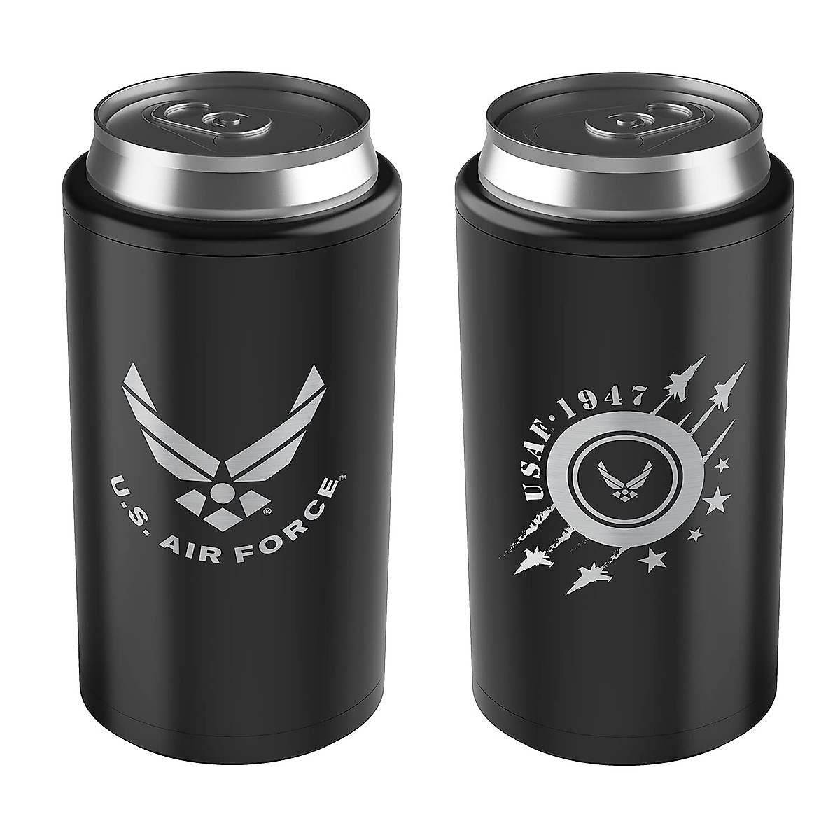 Air Force 4 in 1 Insulated Can Cooler, Stainless Steel Double-Walled Insulator for 12 oz Standard or Skinny Slim Cans, 12 Oz Beer Bottles & Mixed Drinks – Gifts for Airmen