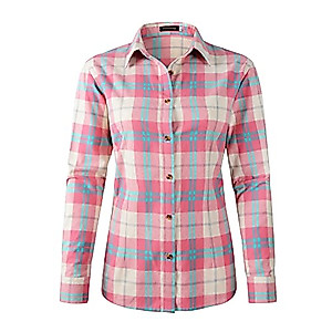 Beninos Women's Flannel Plaid Button Down Shirt Casual Blouses (4037 Pink, M)