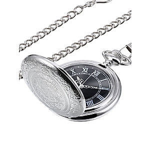 Hicarer Quartz Pocket Watch for Men with Black Dial and Chain Vintage Roman Numerals Christmas Gifts Birthday (Silver)