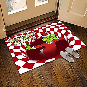 Christmas 3D Illusion Doormat Indoor Outdoor Non- Slip Floor Mat with 3D Green Monster 3D Visual Illusion Fluffy Carpet for Front Door, Bathroom,Bedroom, Home Party. (Red+White, 16x32in)