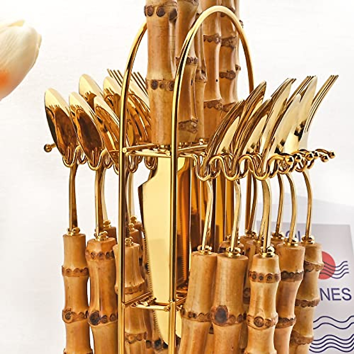 Snplowum 24-Piece Gold Stainless Steel Flatware Set, Bamboo Handle Cutlery with Stand Dinnerware Set Include Knife Fork Spoon And Teaspoon, Service For 6, Mirror Finished.
