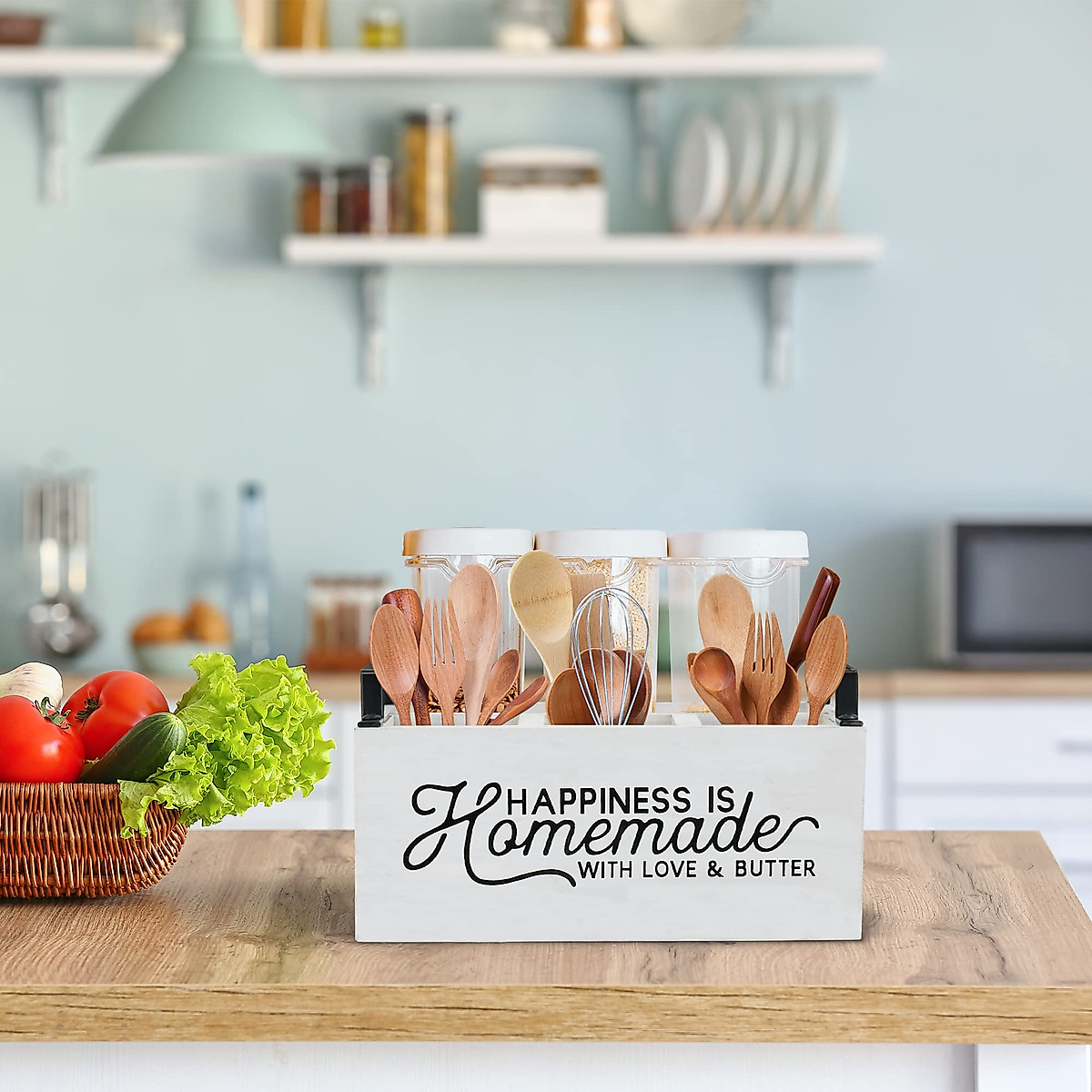 Updesign Rustic/Country Wooden Rectangular Utensil Caddy Organizer for Kitchen Counter, Tabletop, Party, BBQ