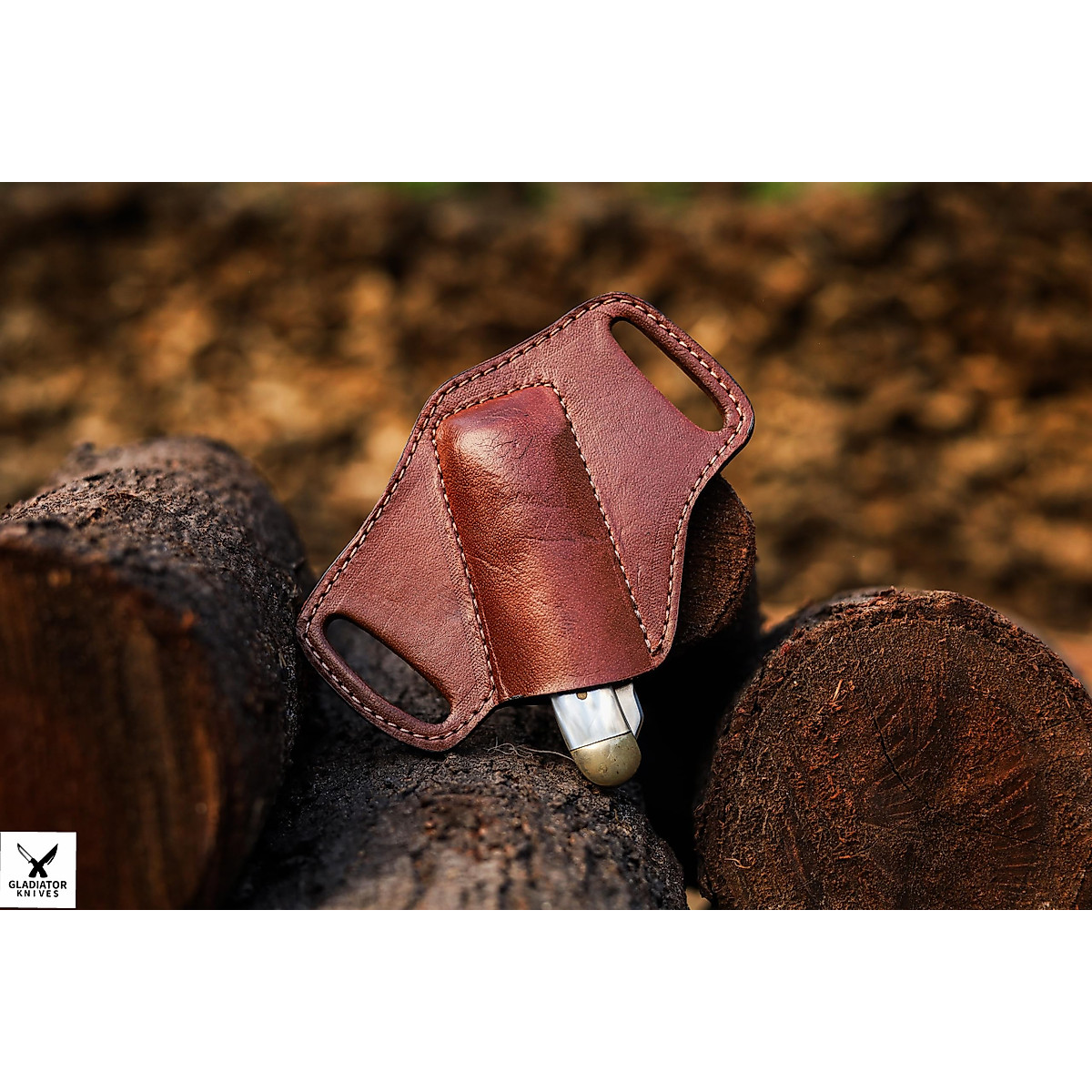 Handmade Leather Sheath for Pocket Knives, Slanted Pancake/Tooled/Belt/Trapper Style, TAN, 100% Real Leather (Brown)