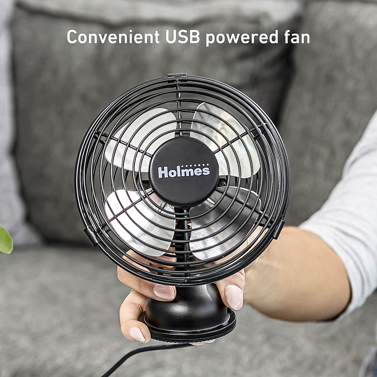 HOLMES 4" Mini Heritage Desk Fan, USB-Powered, Single Speed, 4 Blades, Adjustable 100° Head Tilt, Metal Construction, Ideal for Home, Dorm Rooms, Bedrooms, Office or Travel, Vintage Matte Black