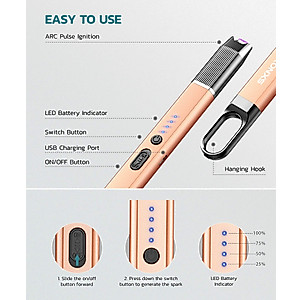 RONXS Electric Lighter, Candle Lighter with Safety Lock Windproof Flamless Arc Rechargeable Long Lighter with Battery Indicator (Black&Champagne 2pcs)