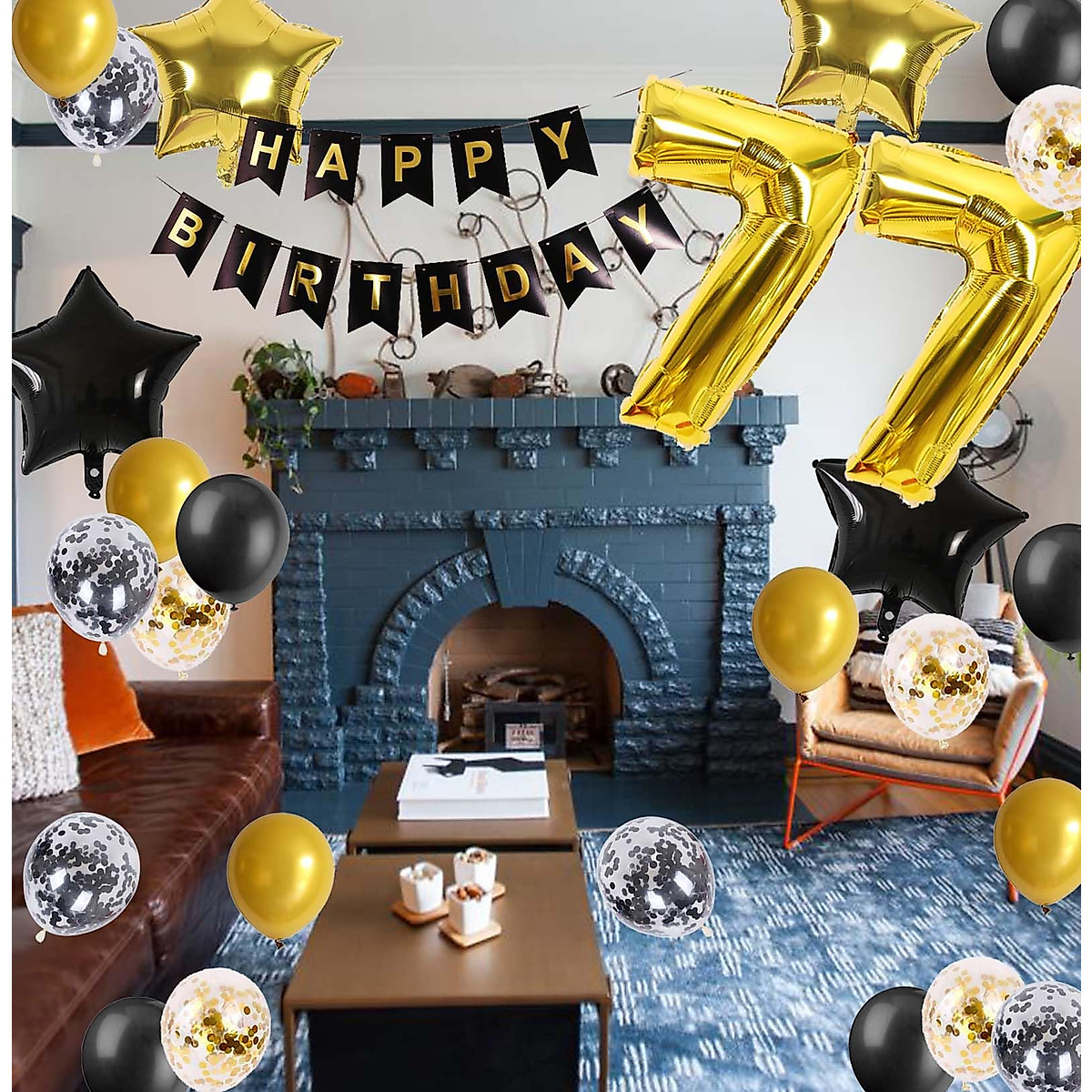 77th Birthday Decorations Black Gold for Men Women, Happy Birthday Banners Number 77 Birthday Balloons Star Foil Confetti Balloons for Him Her Mum Dads 77 Years Old Birthday(77th)