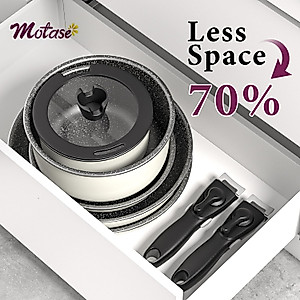 Motase 12pcs Pots and Pans Set, Nonstick Cookware Sets Detachable Handle, Induction Kitchen Cookware Set Non Stick with Removable Handle, RV Cookware Set, Oven Safe, White