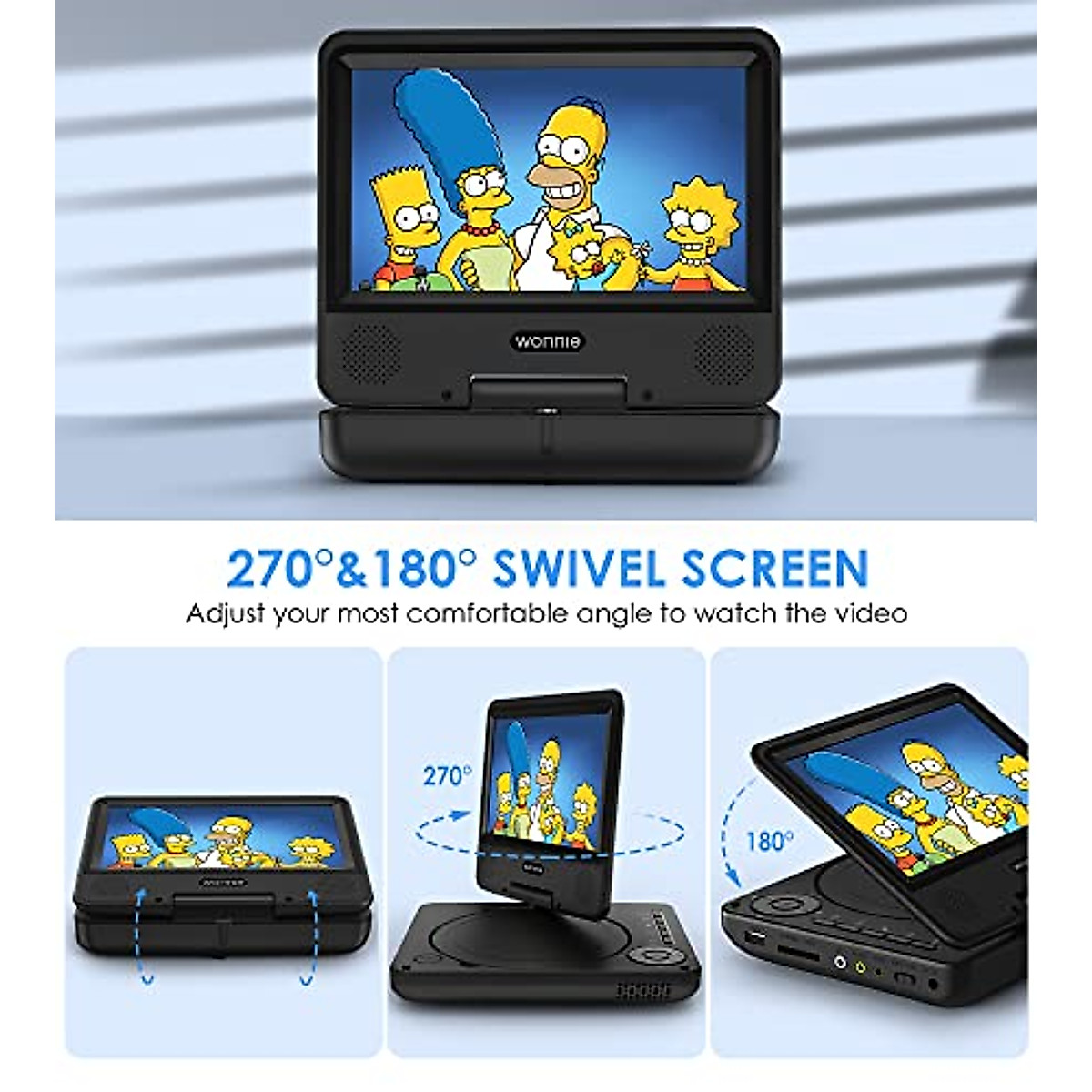 WONNIE 9.5" Portable DVD Player for Kids, Car Headrest Video Players with 7.5" Swivel Screen, 5-Hours Rechargeable Battery, Regions Free, AV in/Out, Support USB/SD Card/Sync TV
