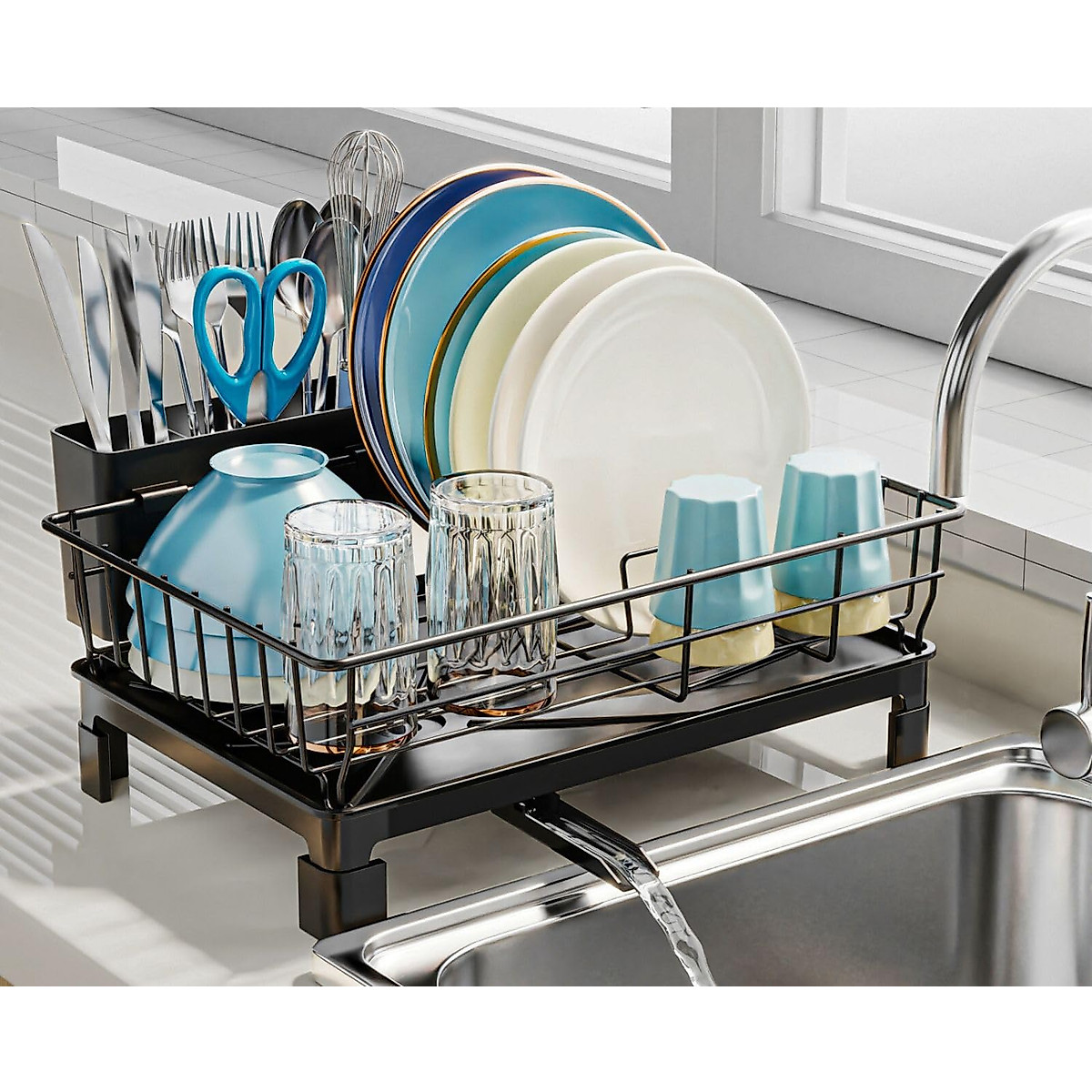 GSlife Dish Drying Rack, Small Dish Rack with Tray Compact Dish Drainer for Kitchen Counter Cabinet, Black