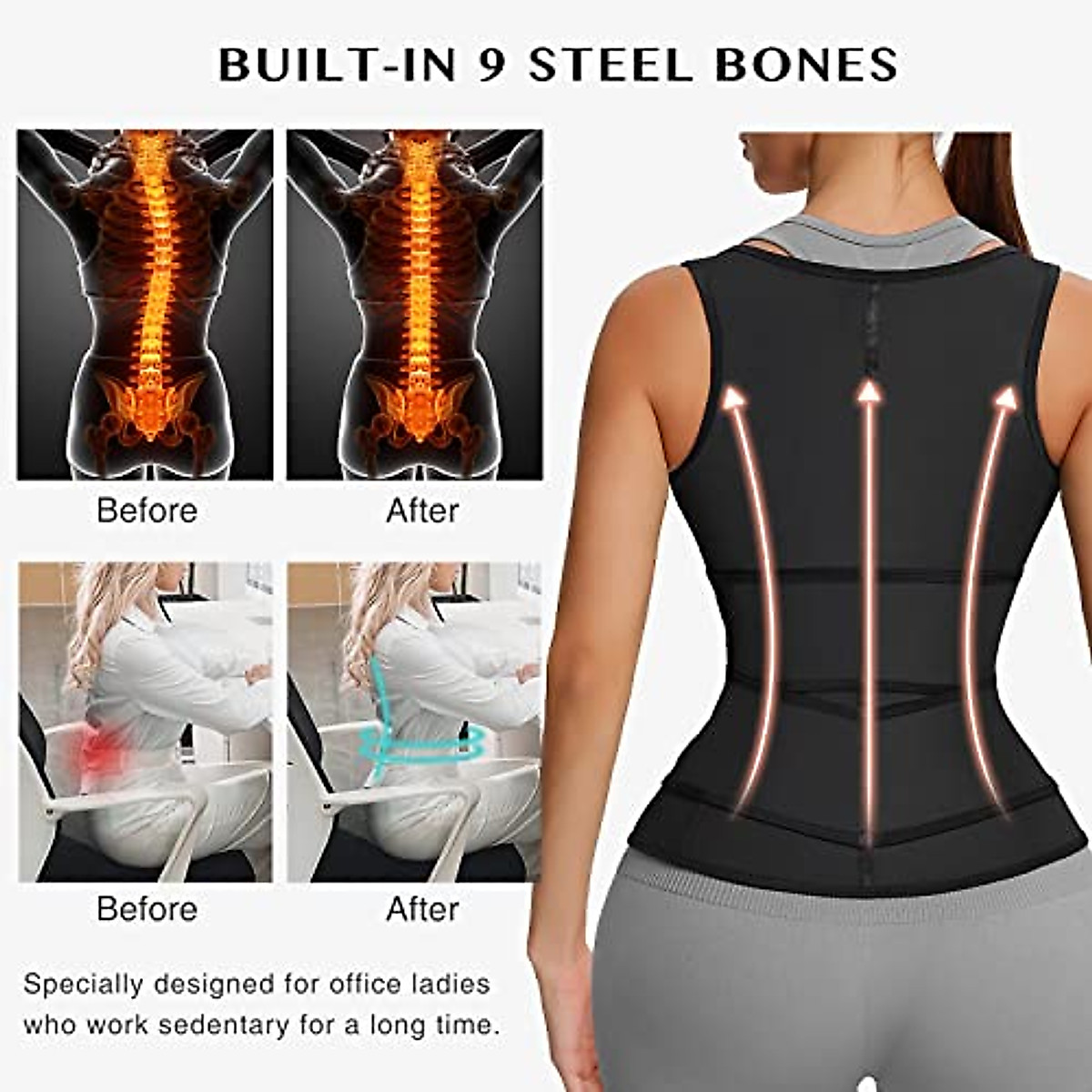 FeelinGirl 9 Steel Boned Waist Cincher Corset Body Training Girdle for Women Black Large